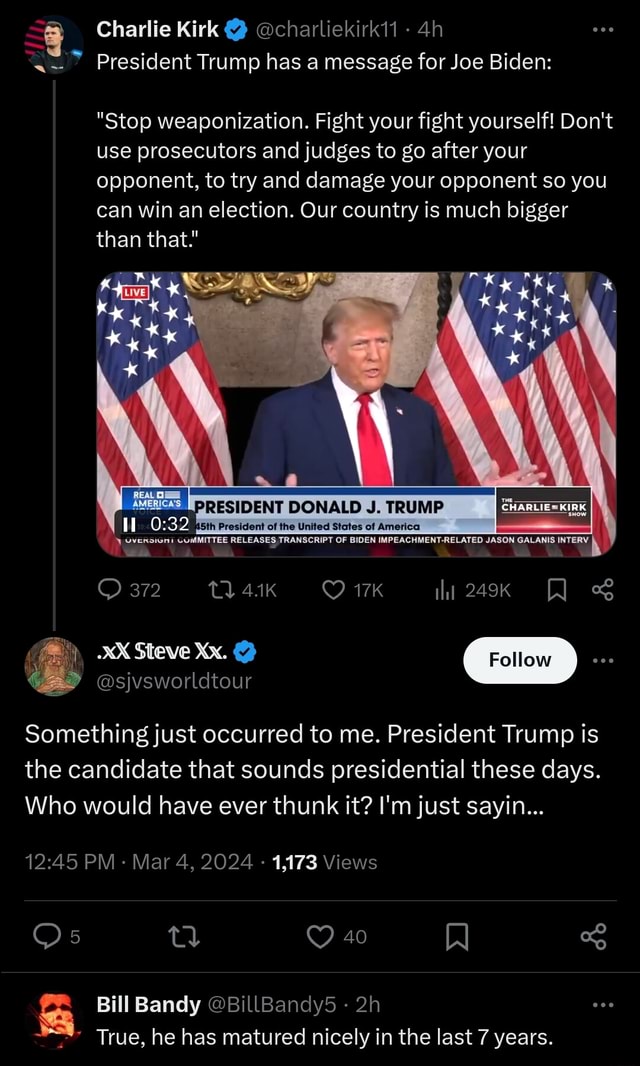 Charlie Kirk @ @charliekirk11 President Trump has a message for Joe Biden: "Stop weaponization ...