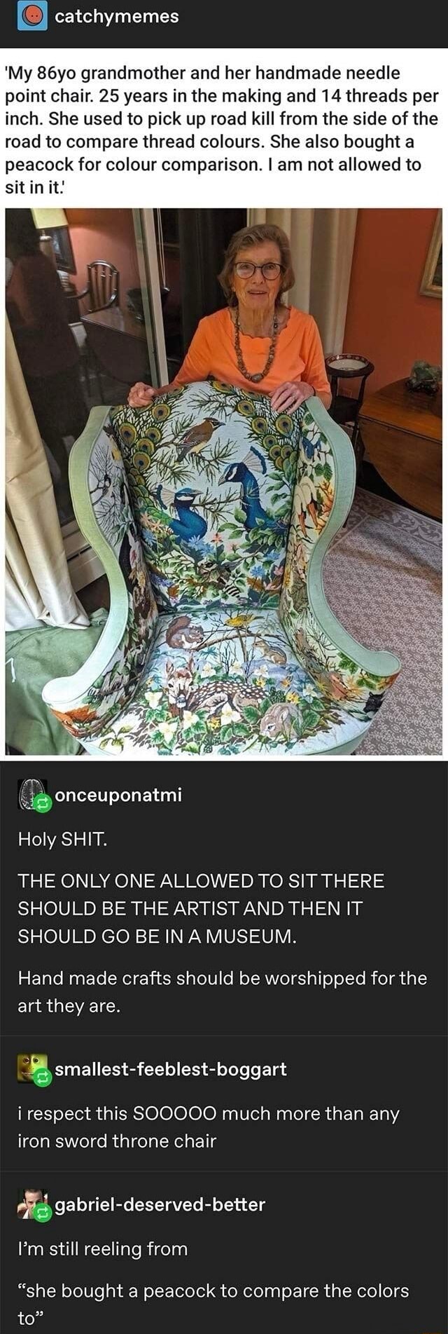 'My 86yo grandmother and her handmade needle point chair. 25 years in ...