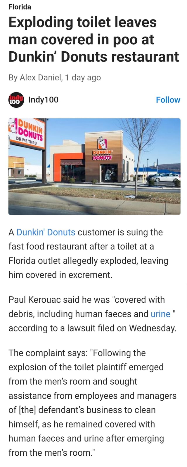 Florida Exploding toilet leaves man covered in poo at Dunkin' Donuts ...