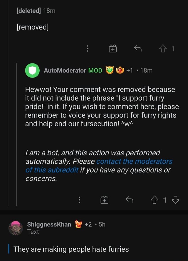 [deleted] [removed] AutoModerator MOD +1 - Hewwo! Your comment was removed because it did not ...