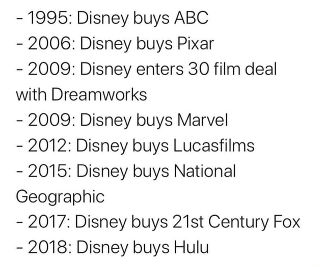 1995: Disney buys ABC 2006: Disney buys Pixar 2009: Disney enters 30 ...