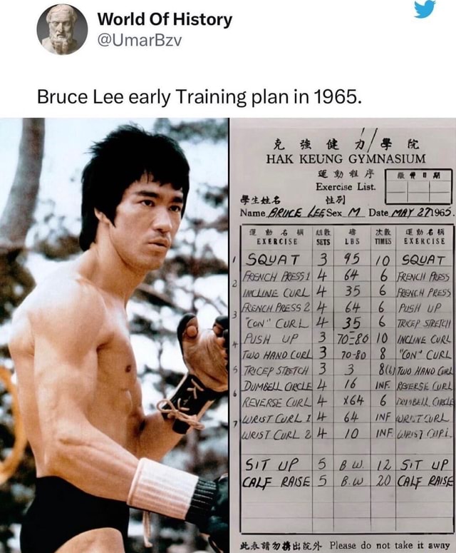 Bruce Lee early Training plan in 1965. I HAK KEUNG GYMNASIUM Exercise ...