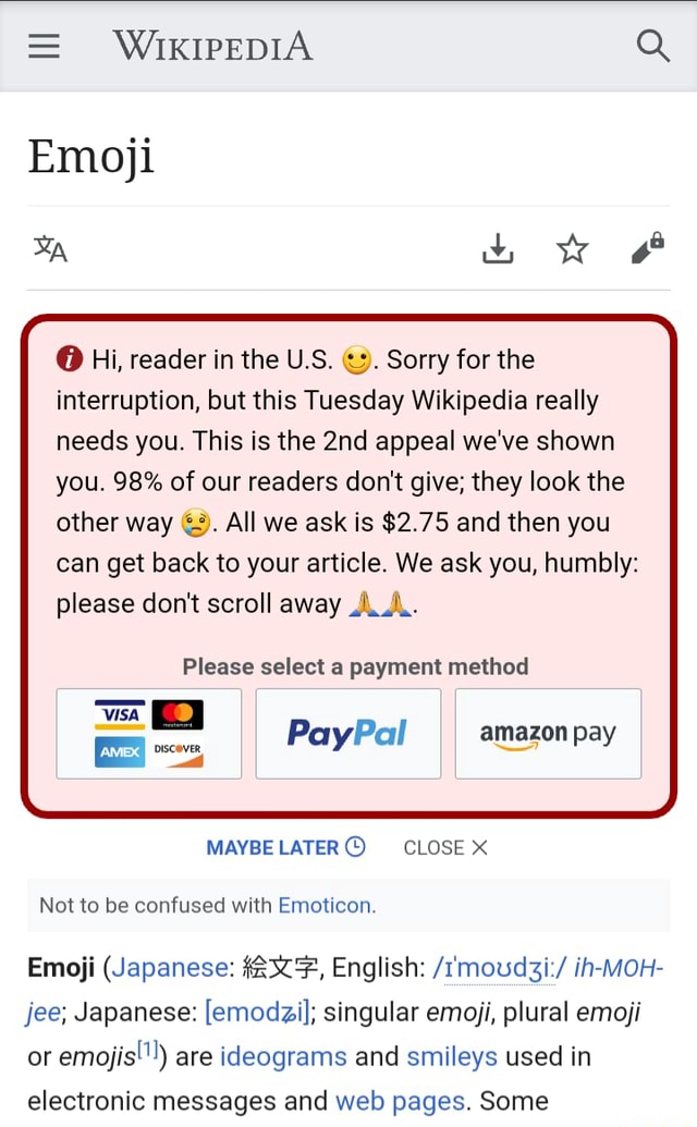 Wikipefia using emojis - = WIKIPEDIA Q Emoji o ww @ Hi, reader in the U ...