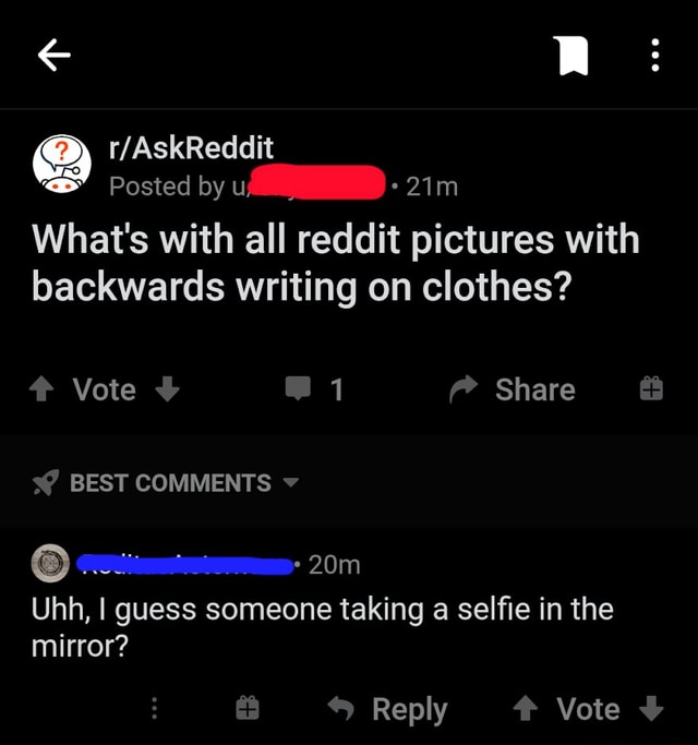 What's with all reddit pictures with backwards writing on clothes? Vote ...