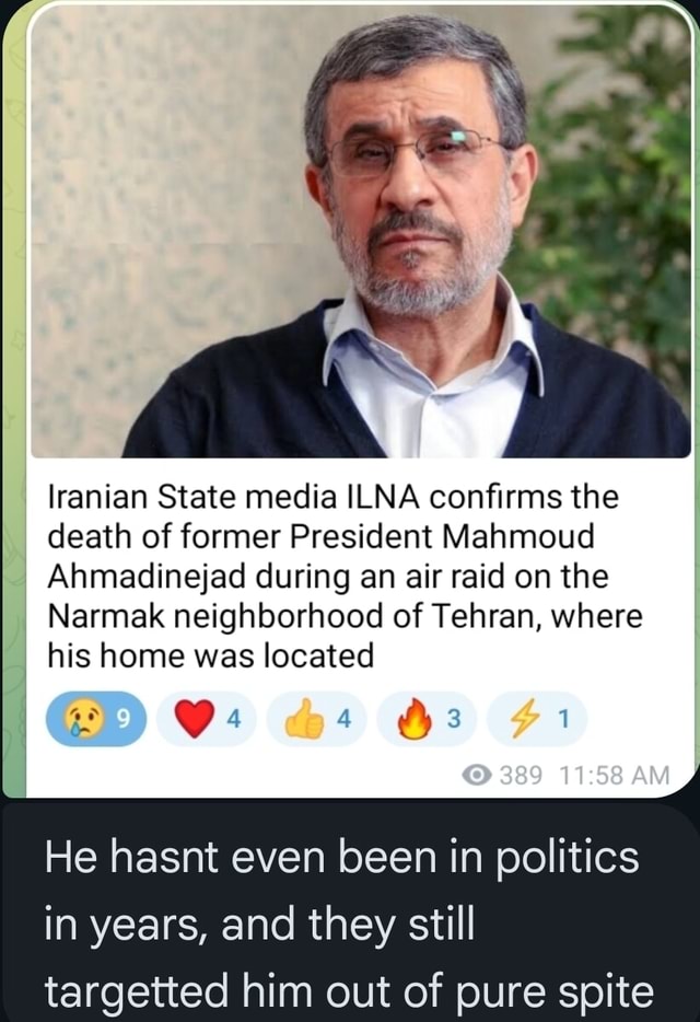 Iranian State media ILNA confirms the death of former President Mahmoud ...