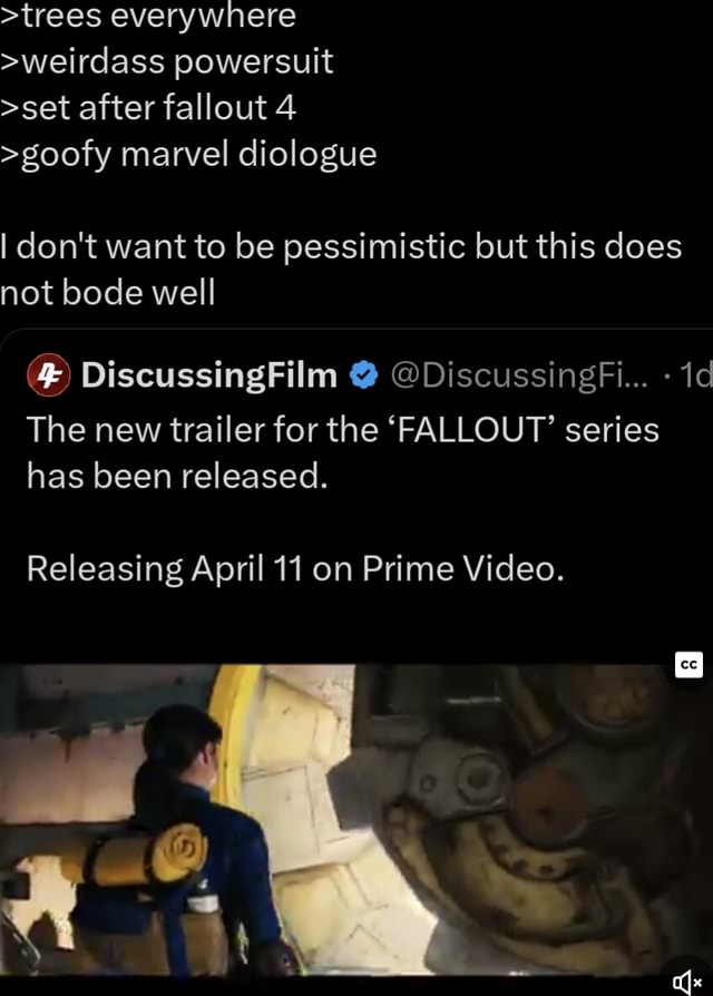 >trees everywhere >weirdass powersuit >set after fallout 4 >goofy marvel diologue I don't want ...