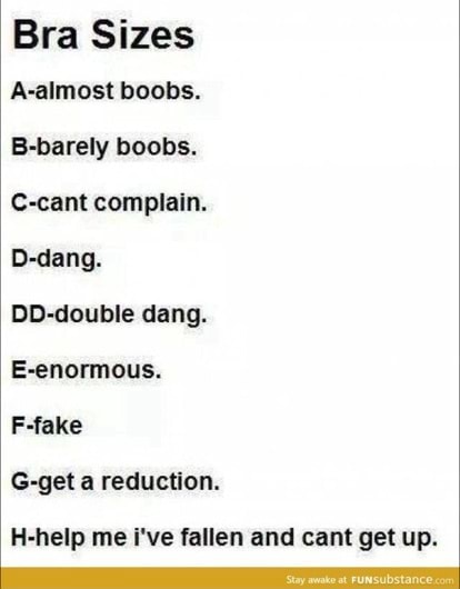 Bra Sizes A-almost boobs. B-barely boobs. C-cant complain. D-dang. DD ...