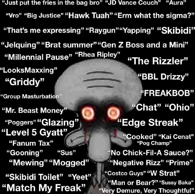 "Just put the fries in the bag bro" "JD Vance Couch" "Aura" "Vro" "Big ...