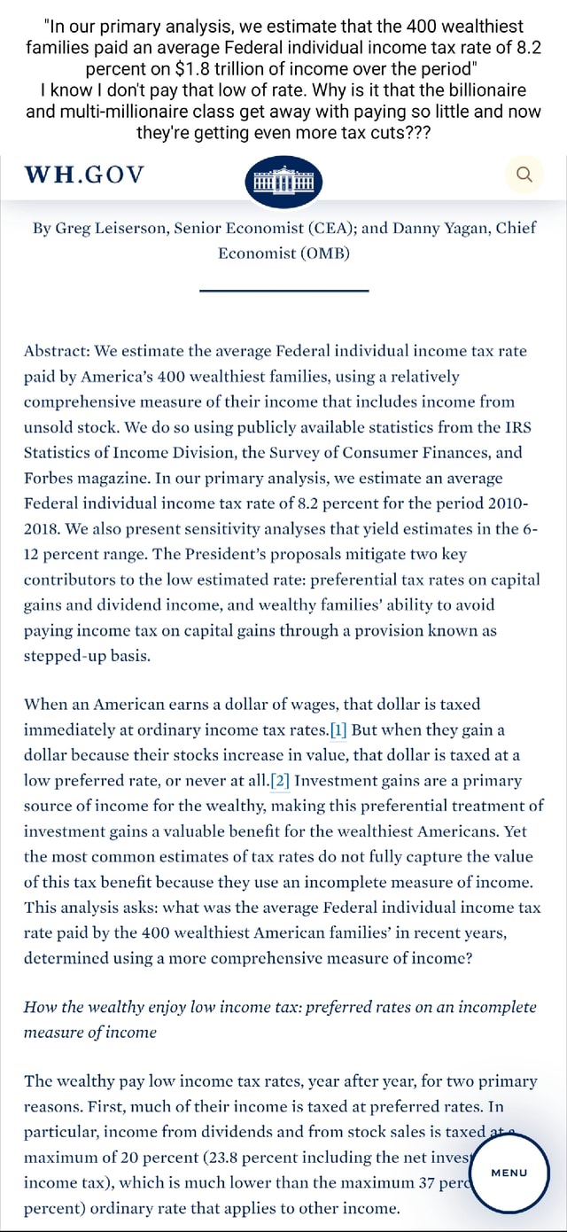 "In our primary analysis, we estimate that the 400 wealthiest families ...