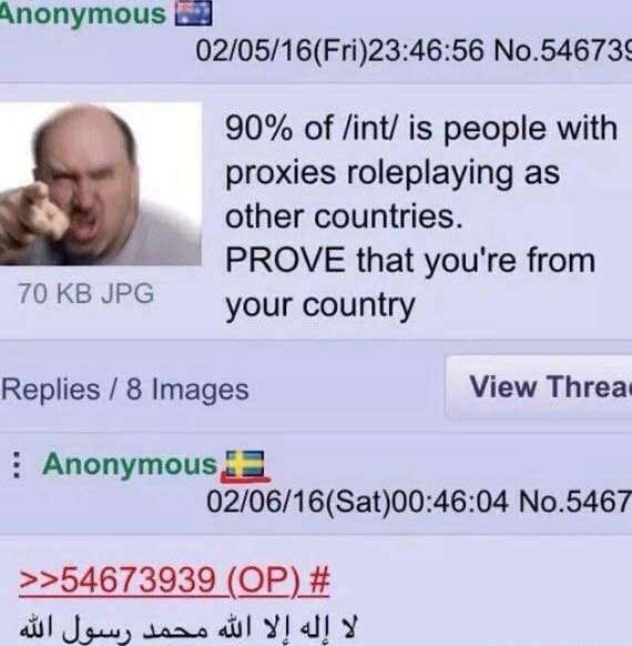 Anonymous No.54673: 90% of /int/ is people with proxies roleplaying as other countries. PROVE ...