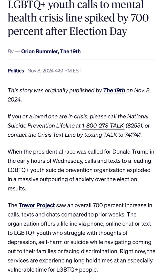 LGBT Q+ youth calls to mental health crisis line spiked by 700 percent ...