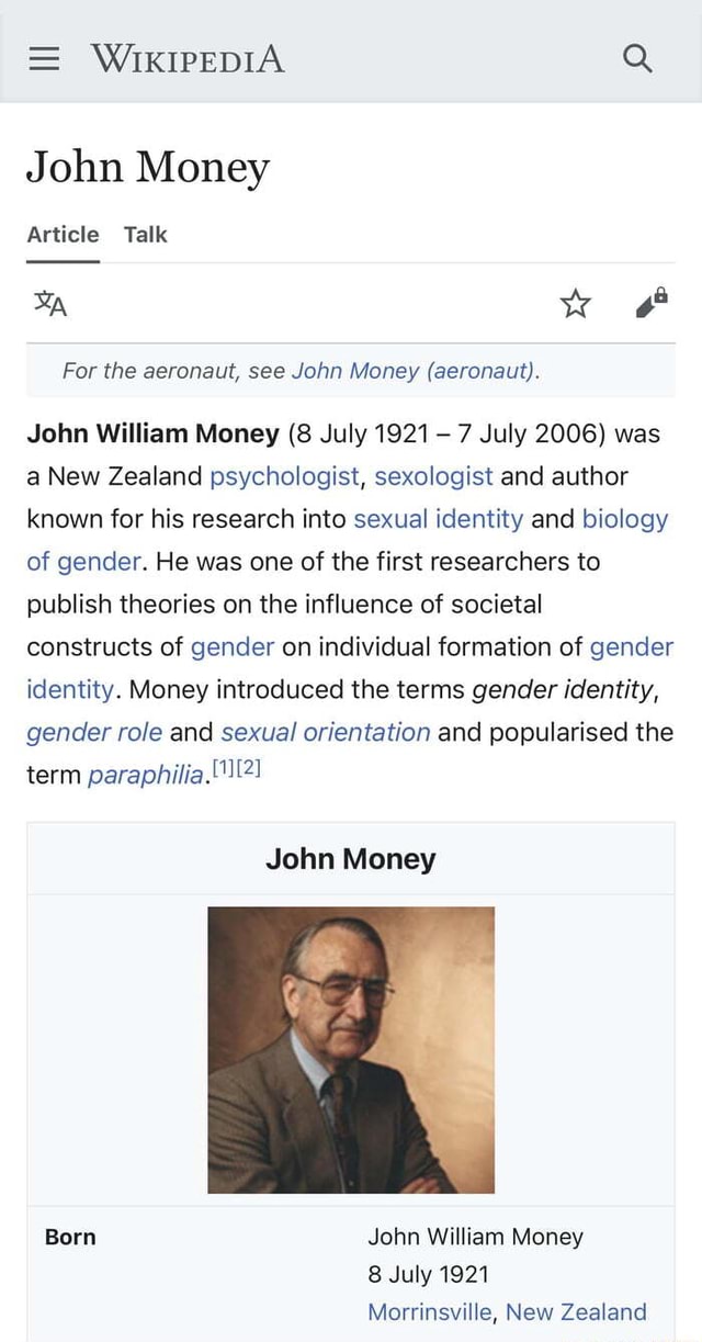 = WIKIPEDIA Q John Money Article Talk For the aeronaut, see John Money ...
