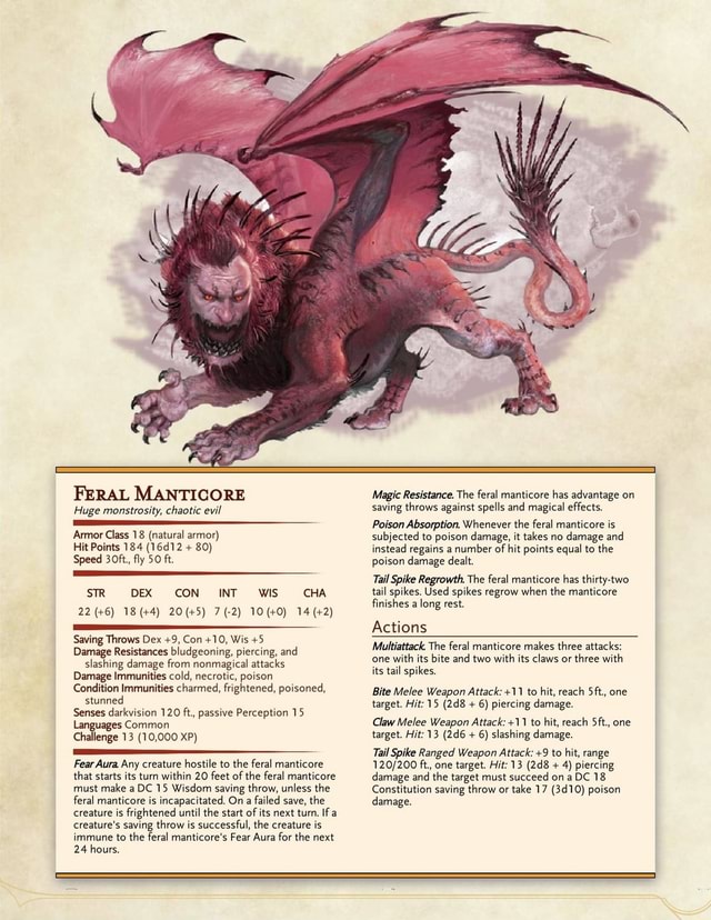 FERAL MANTICORE Huge monstrosity, chaotic evil To Saving Throws Dex +9 ...
