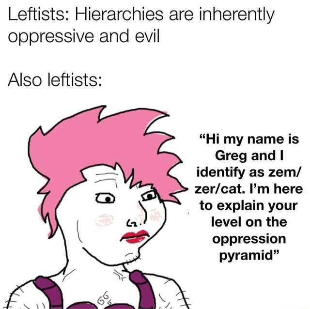 Leftists: Hierarchies are inherently oppressive and evil Also leftists ...