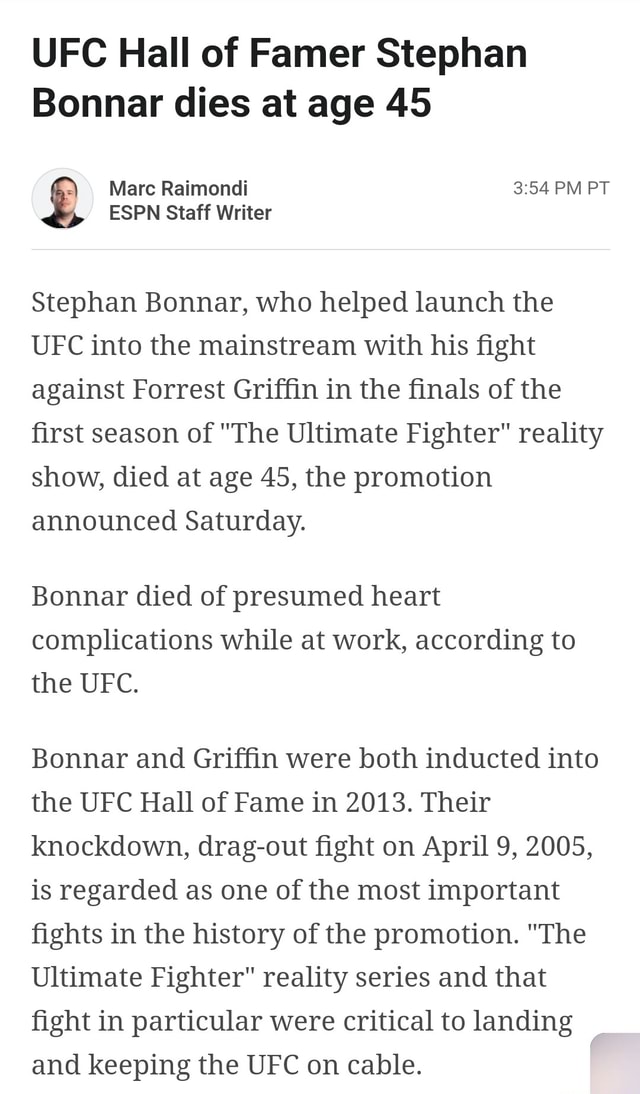 UFC Hall of Famer Stephan Bonnar dies at age 45 Marc Raimondi PM PT ...