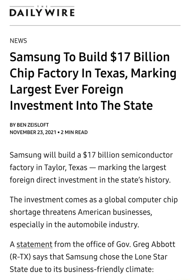 DAILY WIRE NEWS Samsung To Build $17 Billion Chip Factory In Texas ...