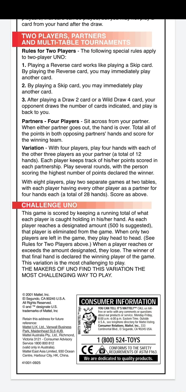Card from your hand after the draw. Rules for Two Players The following ...