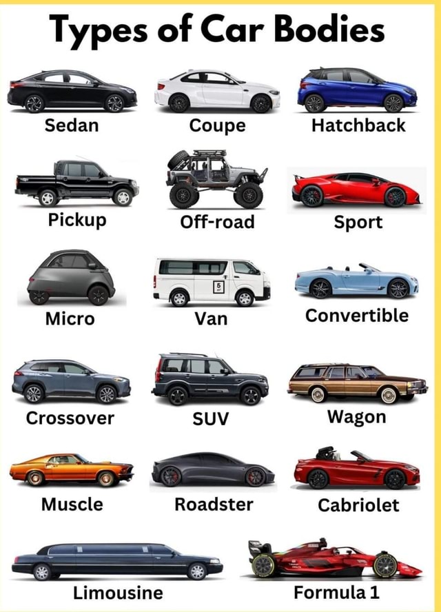 Types of Car Bodies Sedan Coupe Hatchback Pickup Of road Sport Micro ...