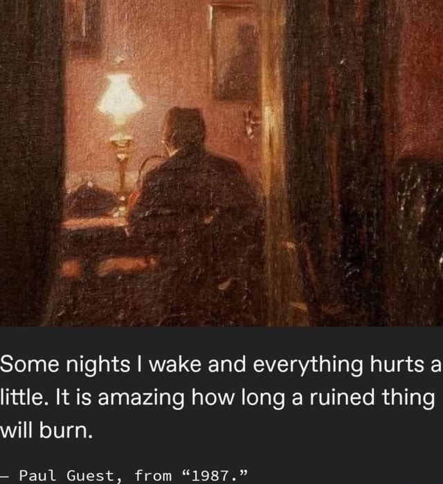 Some nights I wake and everything hurts a little. It is amazing how long a ruined thing will ...