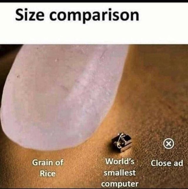Size comparison Grain of Rice Close ad smallest computer - iFunny