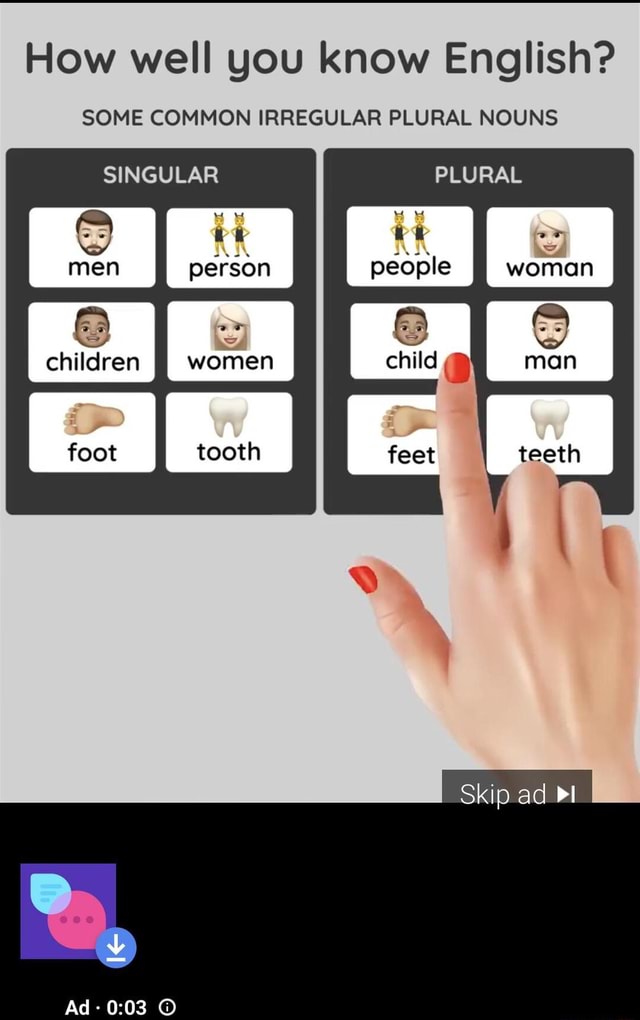 How well you know English? SOME COMMON IRREGULAR PLURAL NOUNS SINGULAR ...