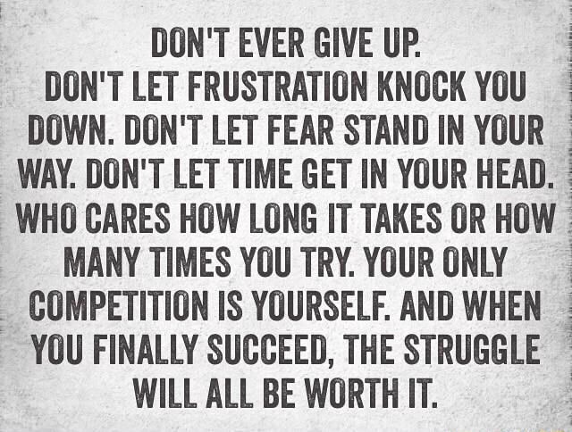 DON'T EVER GIVE UP. DON'T LET FRUSTRATION KNOCK YOU DOWN. DON'T LET ...