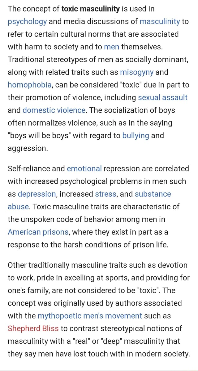 The concept of toxic masculinity is used in psychology and media ...