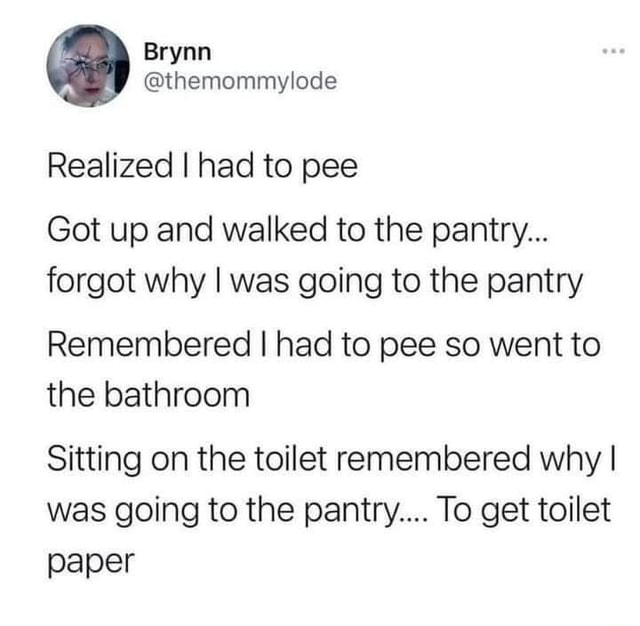Realized I had to pee Got up and walked to the pantry... forgot why I ...