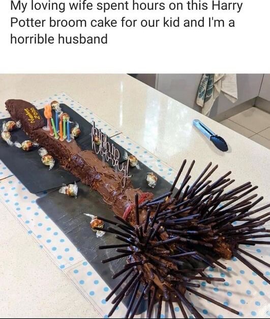My loving wife spent hours on this Harry Potter broom cake for our kid ...