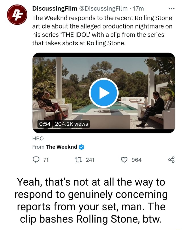 DiscussingFilm @DiscussingFilm The Weeknd responds to the recent ... DiscussingFilm @DiscussingFilm The Weeknd responds to the recent ...