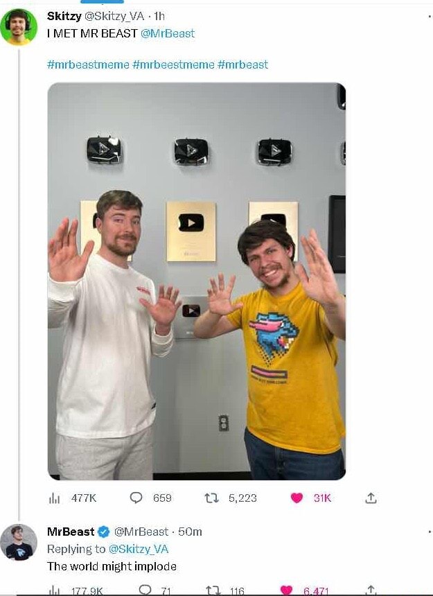 Skitzy @Skitzy VA I MET MR BEAST @NirBe as: me #mrbeast A77K 669 6,223 ...
