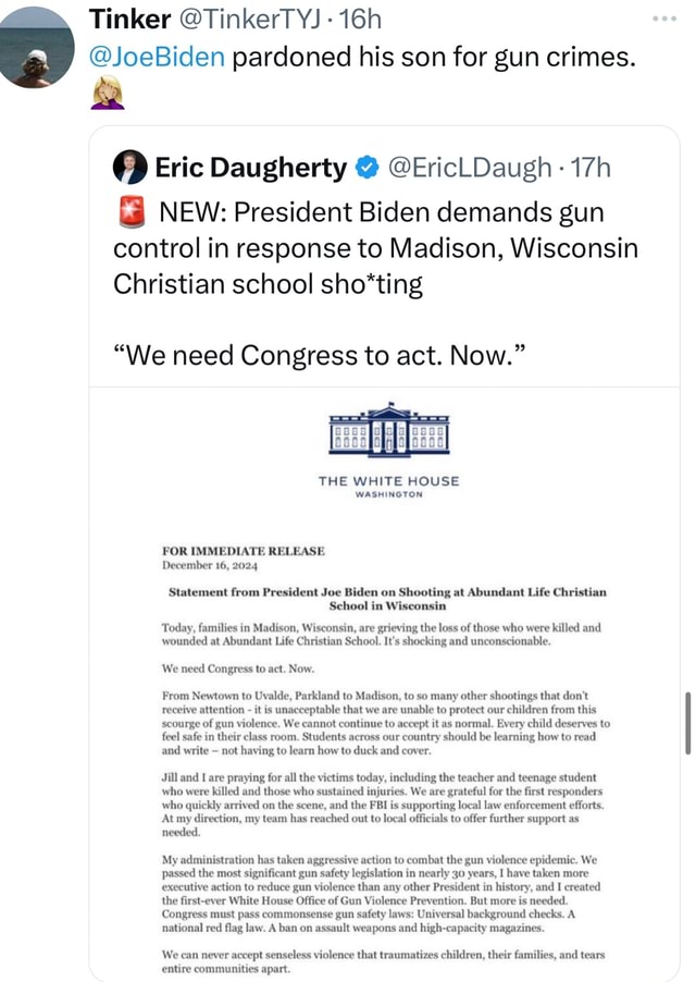 Tinker @TinkerT YJ @JoeBiden pardoned his son for gun crimes. (9) Eric ...