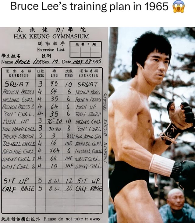 Bruce Lee's training plan in 1965 HAK KEUNG GYMNASIUM Exercise List. I ...