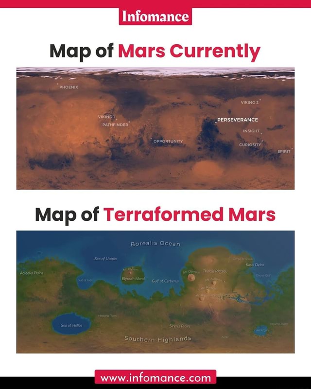 Infomance Map of Mars Currently PERSEVERANCE Map of Terraformed Mars ...