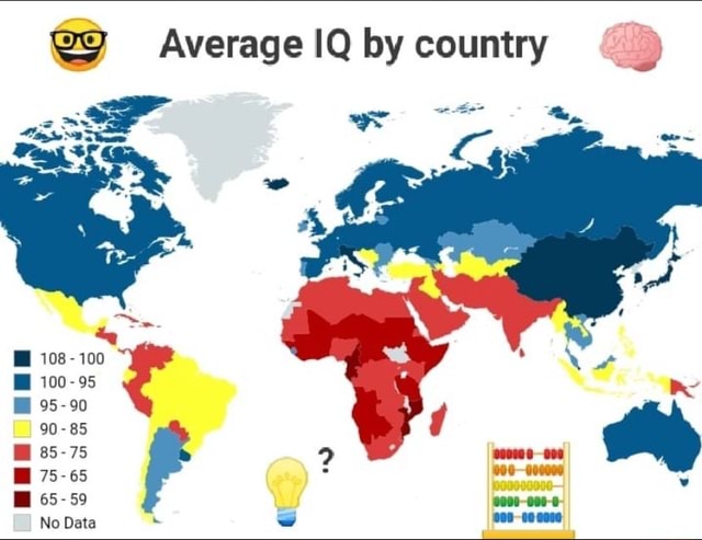 Average IQ by country 108-100 100-95 95-90 90-85 85-75 75-65 65-59 No Data - iFunny
