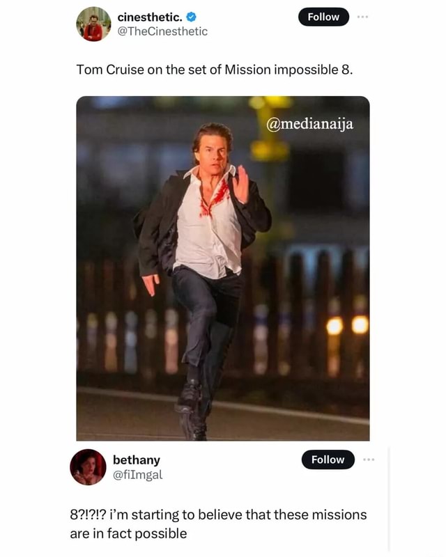 Cinesthetic. @TheCinesthetic Tom Cruise on the set of Mission ...