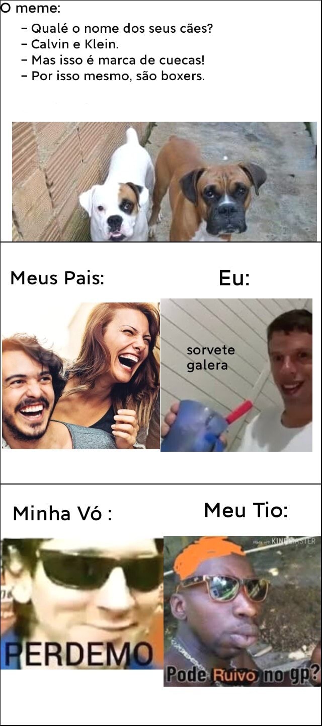 O meme: - Qualé o nome dos seus cães? Calvin e Klein. - Mas isso é ...
