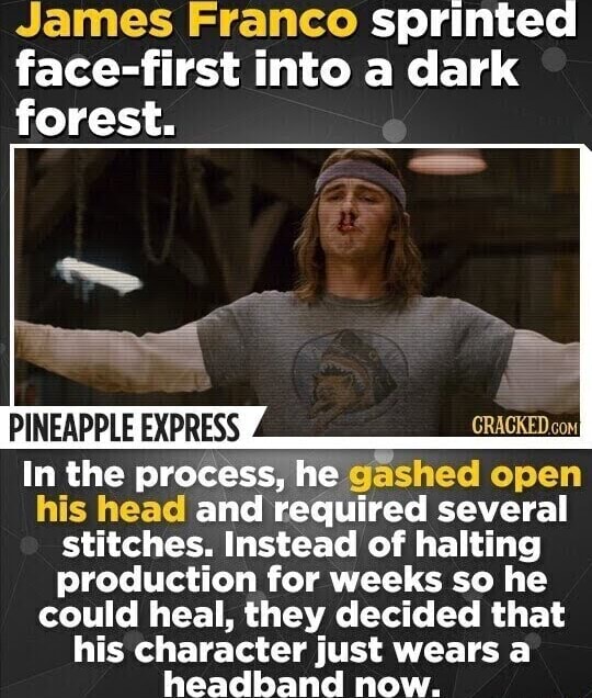 James Franco sprinted face-first into a dark forest. PINEAPPLE EXPRESS ...