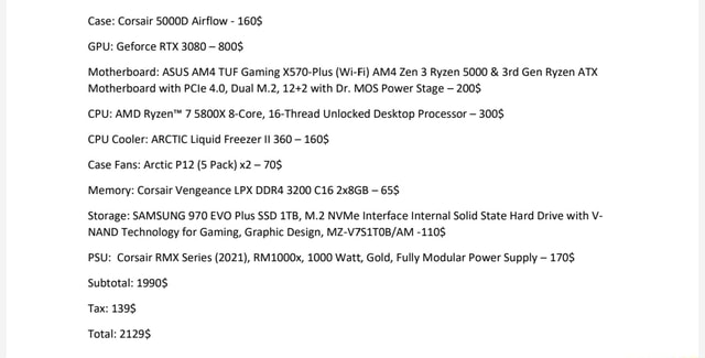 Case: Corsair 5000D Airflow - 160$ GPU: Geforce RTX 3080 800 ...