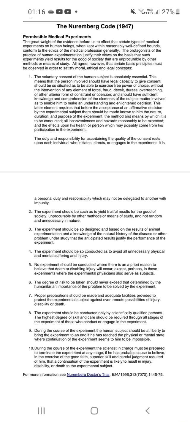 27% The Nuremberg Code (1947) Permissible Medical Experiments The great ...