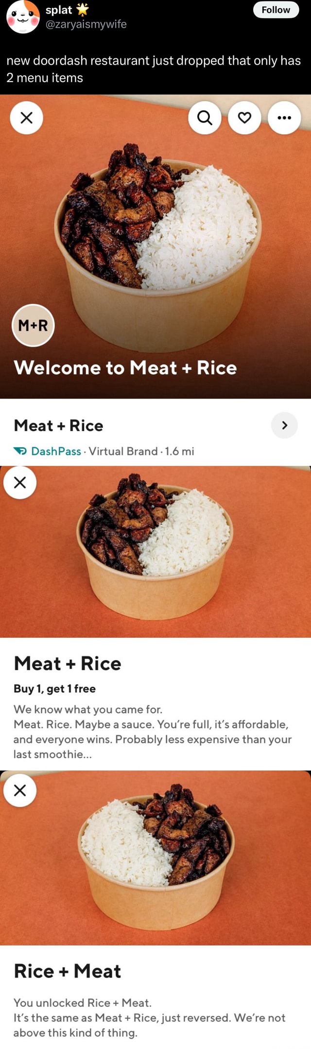 Splat new doordash restaurant just dropped that only has 2 menu items Welcome to Meat + Rice ...