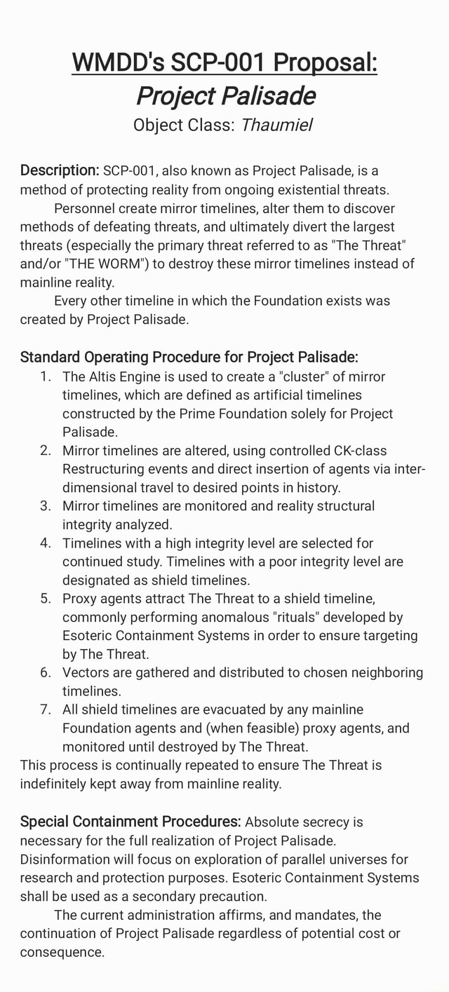 WMDD's SCP-001 Proposal: Project Palisade Object Class: Thaumiel ...