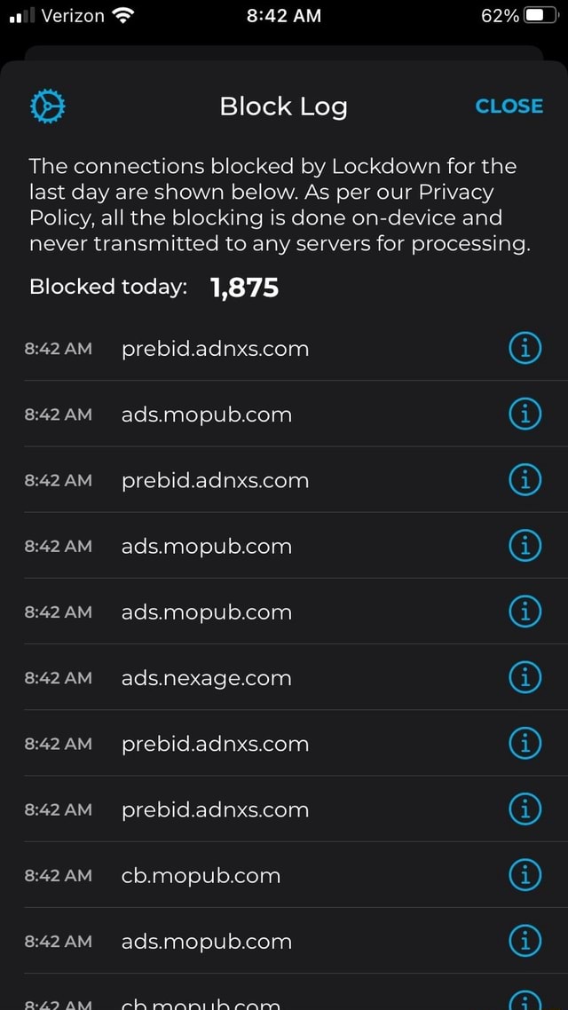 Verizon Block Log AM 62% CLOSE The connections blocked by Lockdown for ...