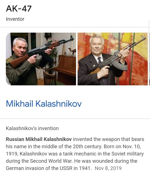 AK-47 Inventor Mikhail Kalashnikov Kalashnikov's invention Russian ...
