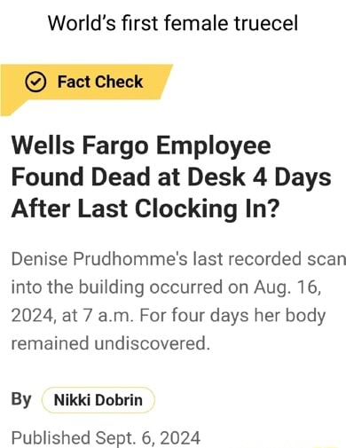 World's first female truecel Fact Check Wells Fargo Employee Found Dead ...