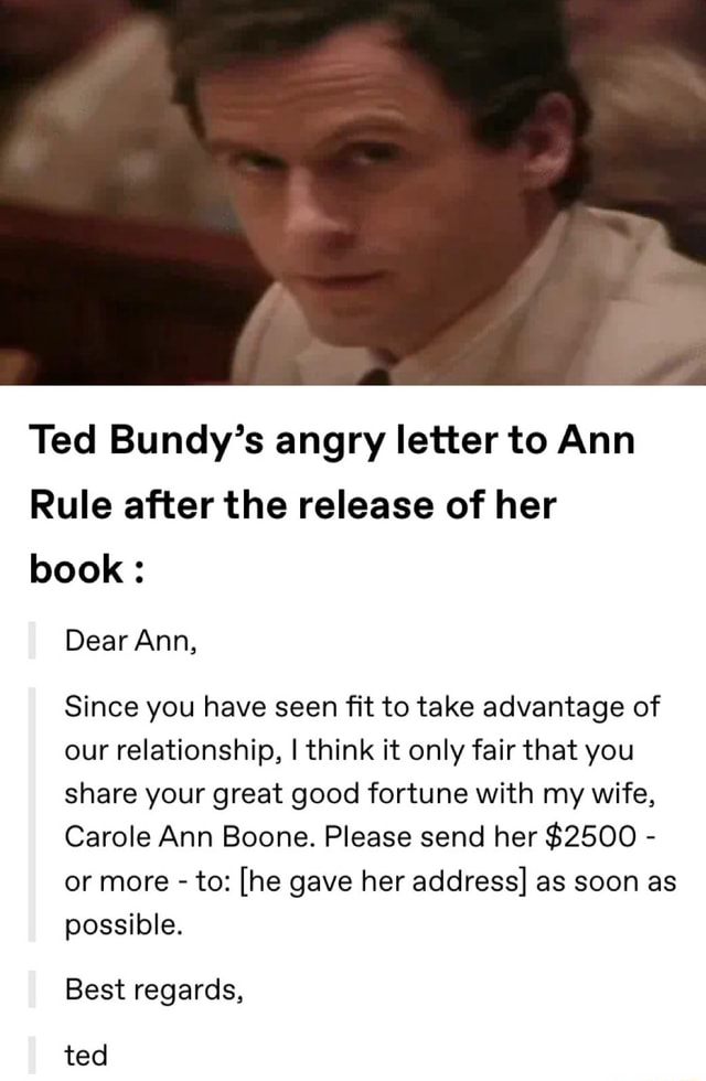 Ted Bundy's angry letter to Ann Rule after the release of her book ...