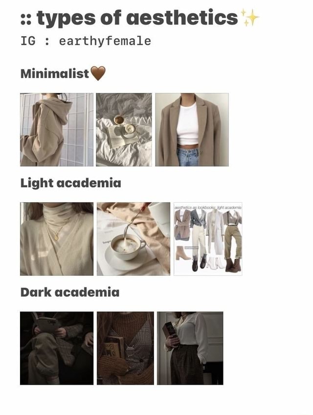 Types of aesthetics IG : earthyfemale Minimalist Light academia Dark ...