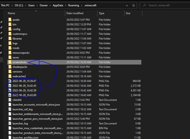 ThisPC > Users > Owner > AppData > Roaming > .minecraft Name contig ...