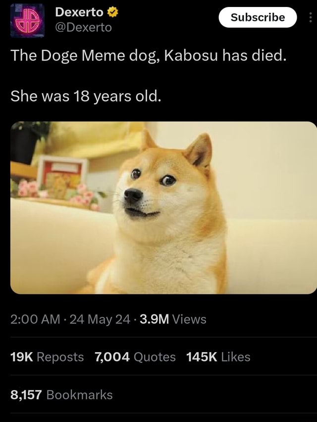 Dexerto The Doge Meme dog, Kabosu has died. @Dexerto She was 18 years ...