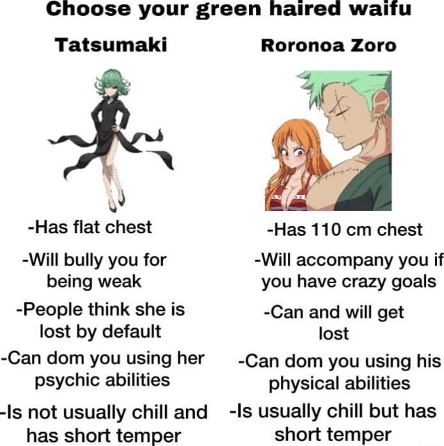 Choose your green haired waitu Tatsumaki Roronoa Zoro -Has flat chest ...